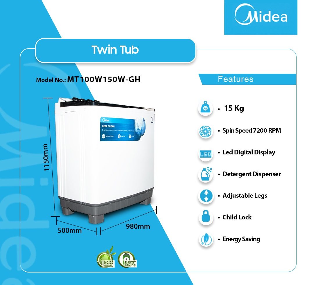 MIDEA 15KG TWIN TUB WASHING MACHINE MT100W150/W-GH - Emms Gift