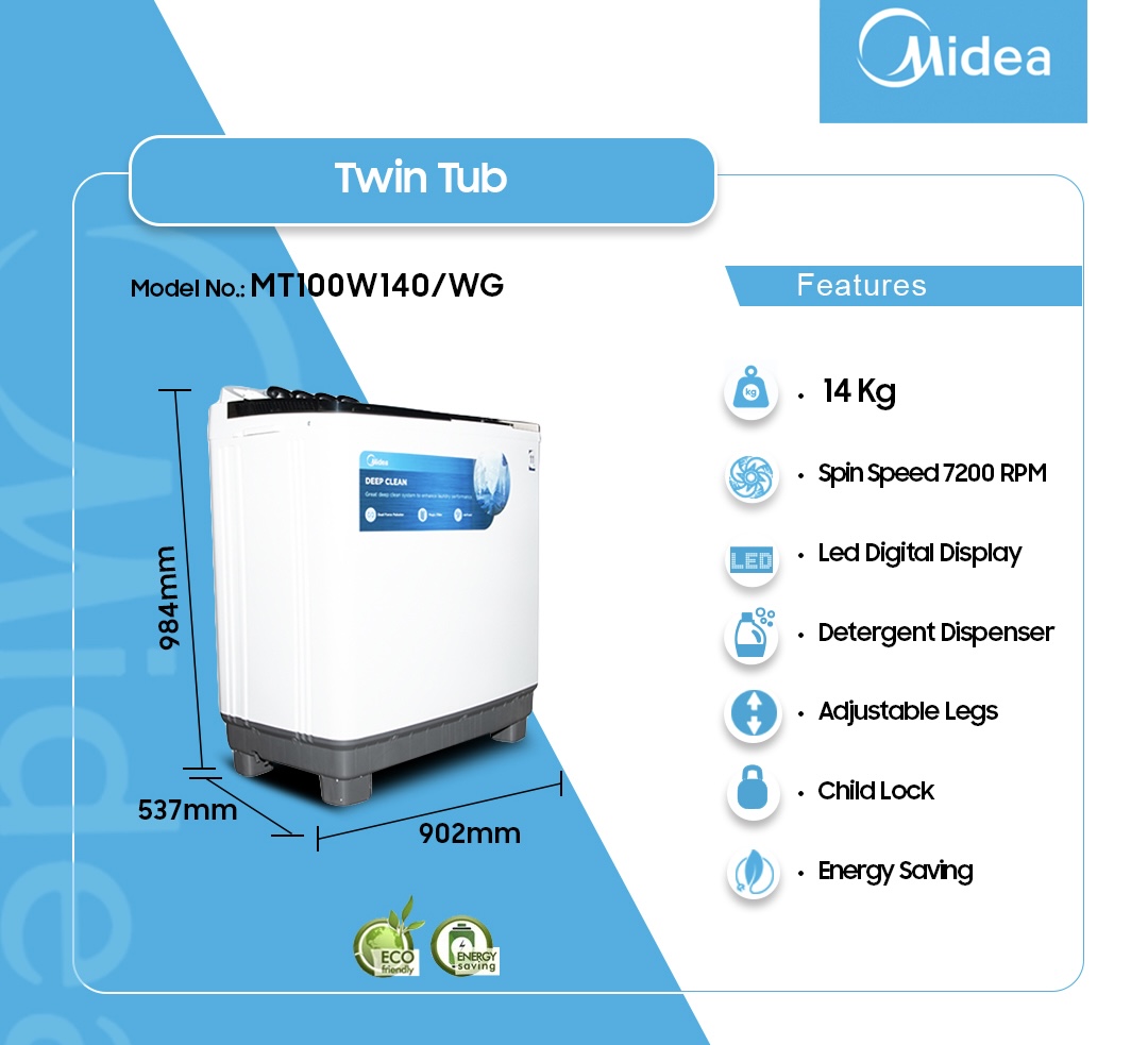 MIDEA 14KG TWIN TUB WASHING MACHINE - MT100W140/WG - Emms Gift