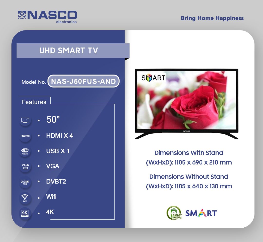 NASCO 50″ UHD 4K DIGITAL SATELLITE SMART TV NAS-J50FUS-AND - Emms Gift