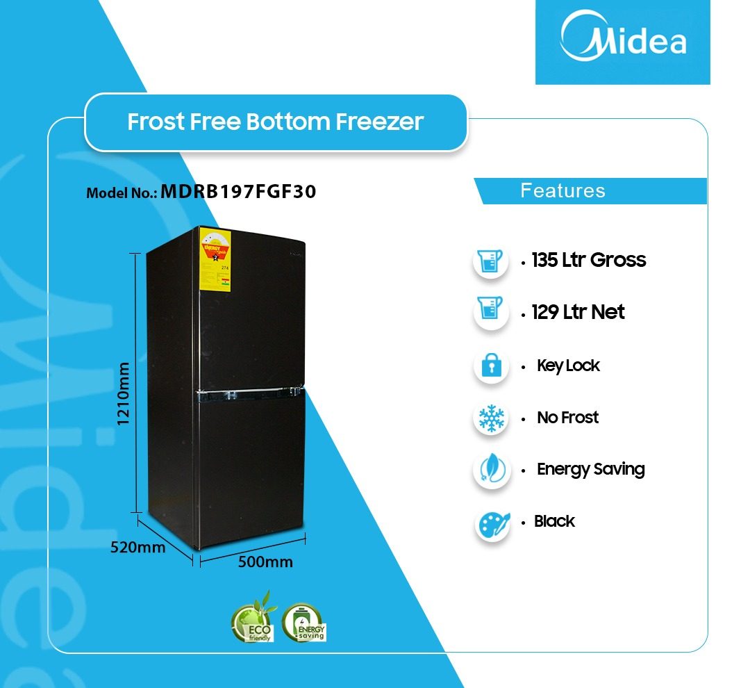 MIDEA 135LTR DOUBLE DOOR BOTTOM FREEZER MDRB197FGF30 - Emms Gift