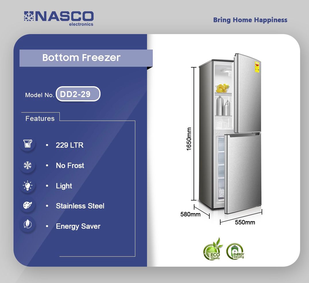 NASCO 229LTR BOTTOM FREEZER REFRIGERATOR DD2-29SILVER - Emms Gift