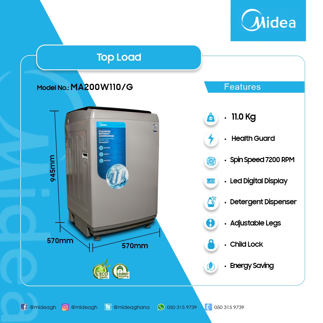 MIDEA 11KG TOP LOAD FULL AUTO WASHING MACHINE MA200W110/G-GH - Emms Gift